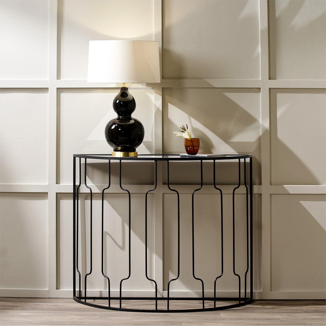 Mirrored Glass and Graphite Half Moon Console Table | Furniture