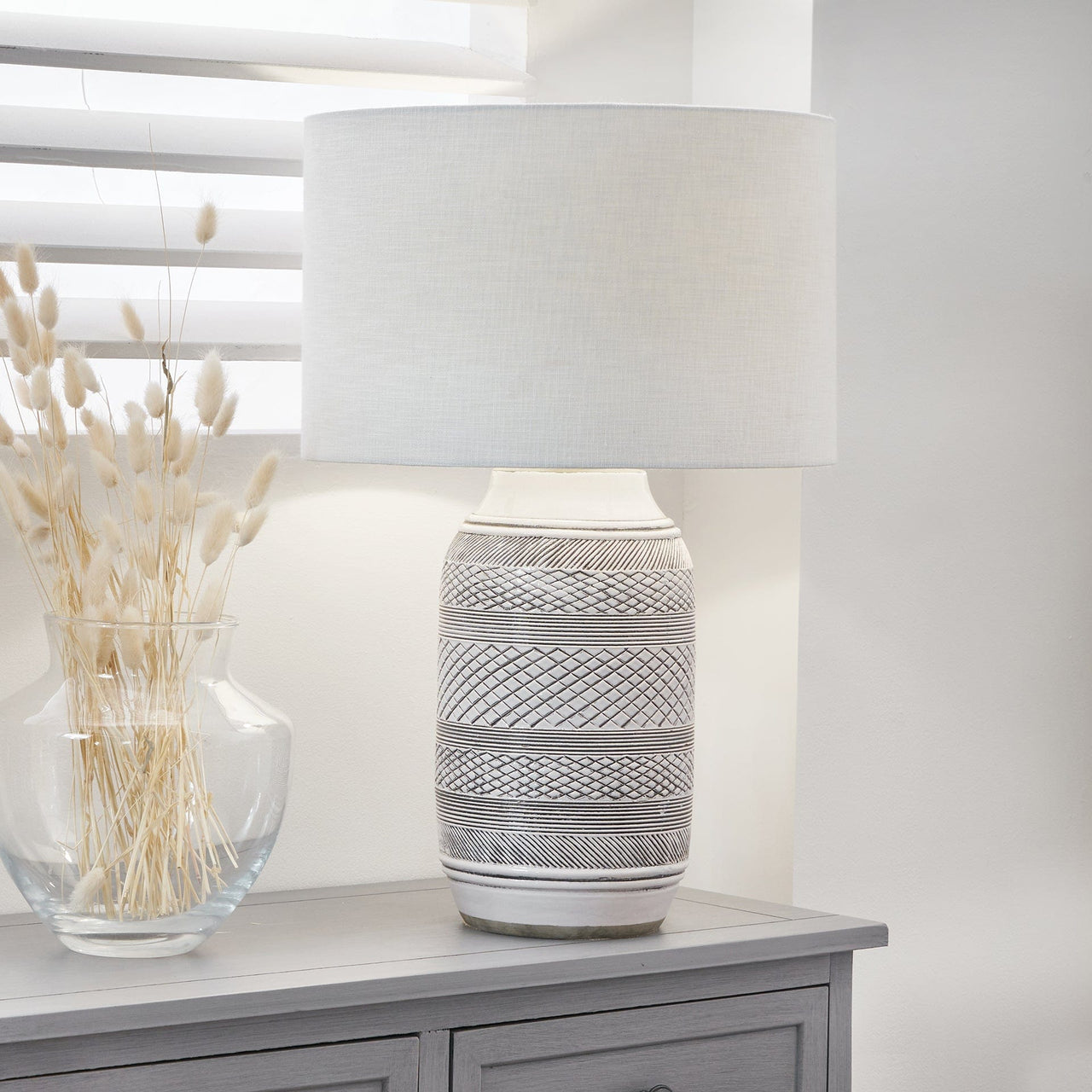 White and Black Textured Stoneware Table Lamp | Lighting | Rūma
