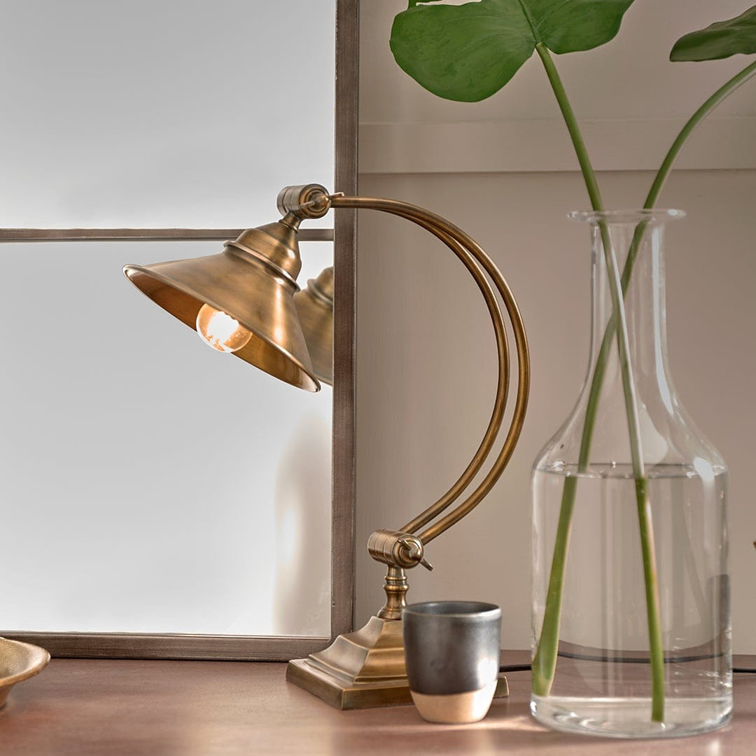 Antique Brass Metal Arched Arm Task Table Lamp | Lighting