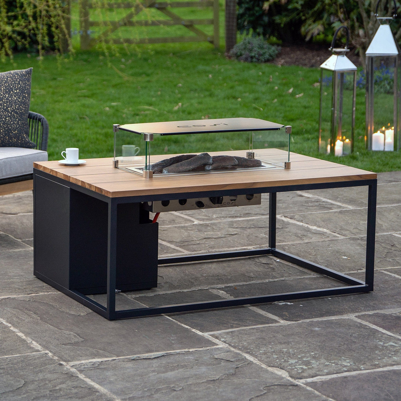 Cosiloft Black & Teak Rectangular Coffee Table Fire Pit | Ruma