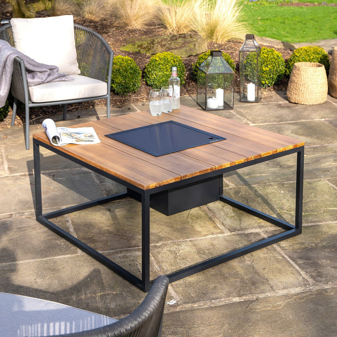 Cosiloft Black & Teak Square Coffee Table Fire Pit