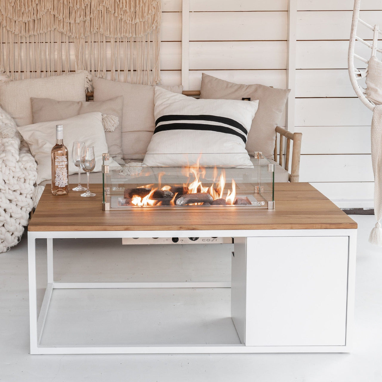 Cosiloft White & Teak Rectangular Coffee Table Fire Pit