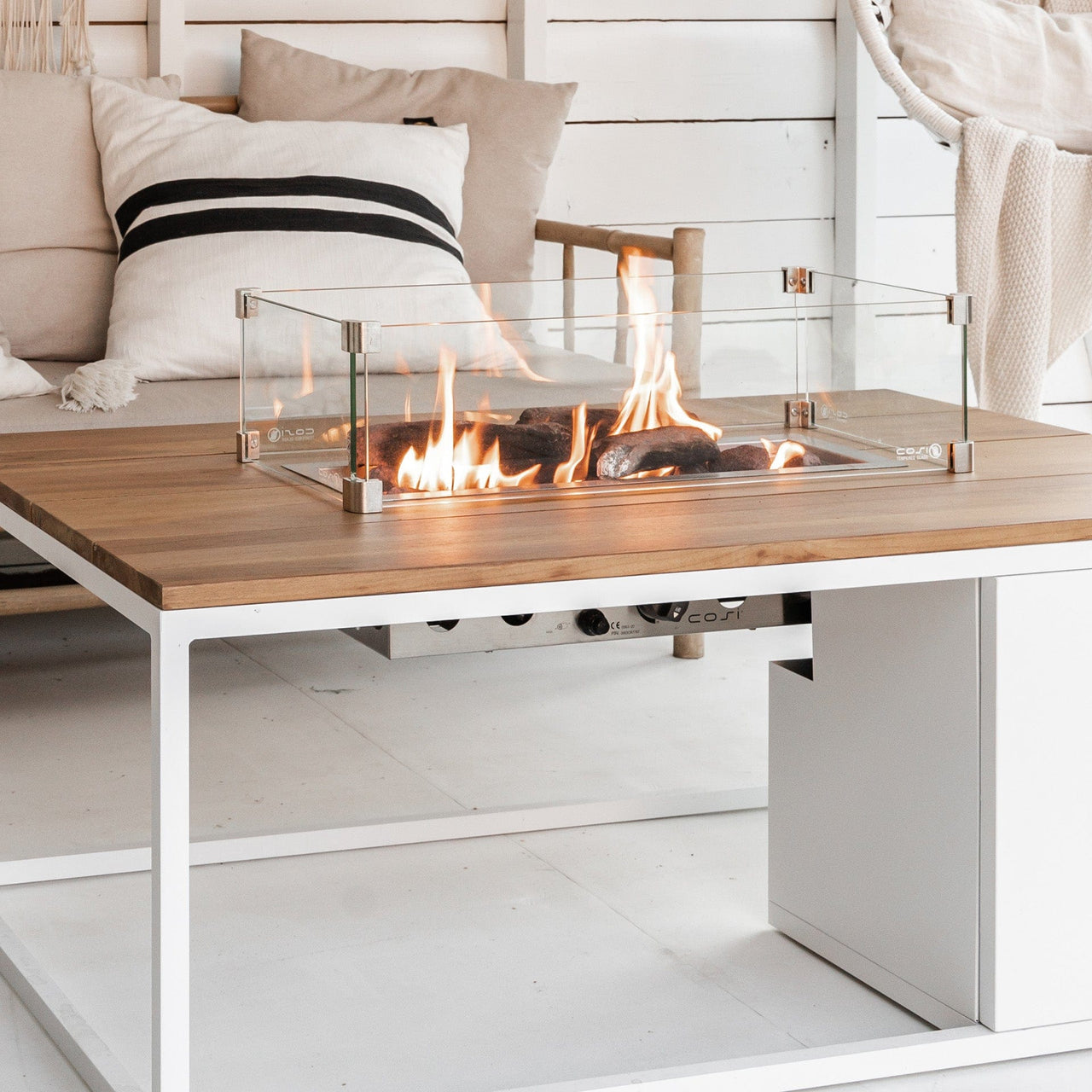 Cosiloft White & Teak Rectangular Coffee Table Fire Pit